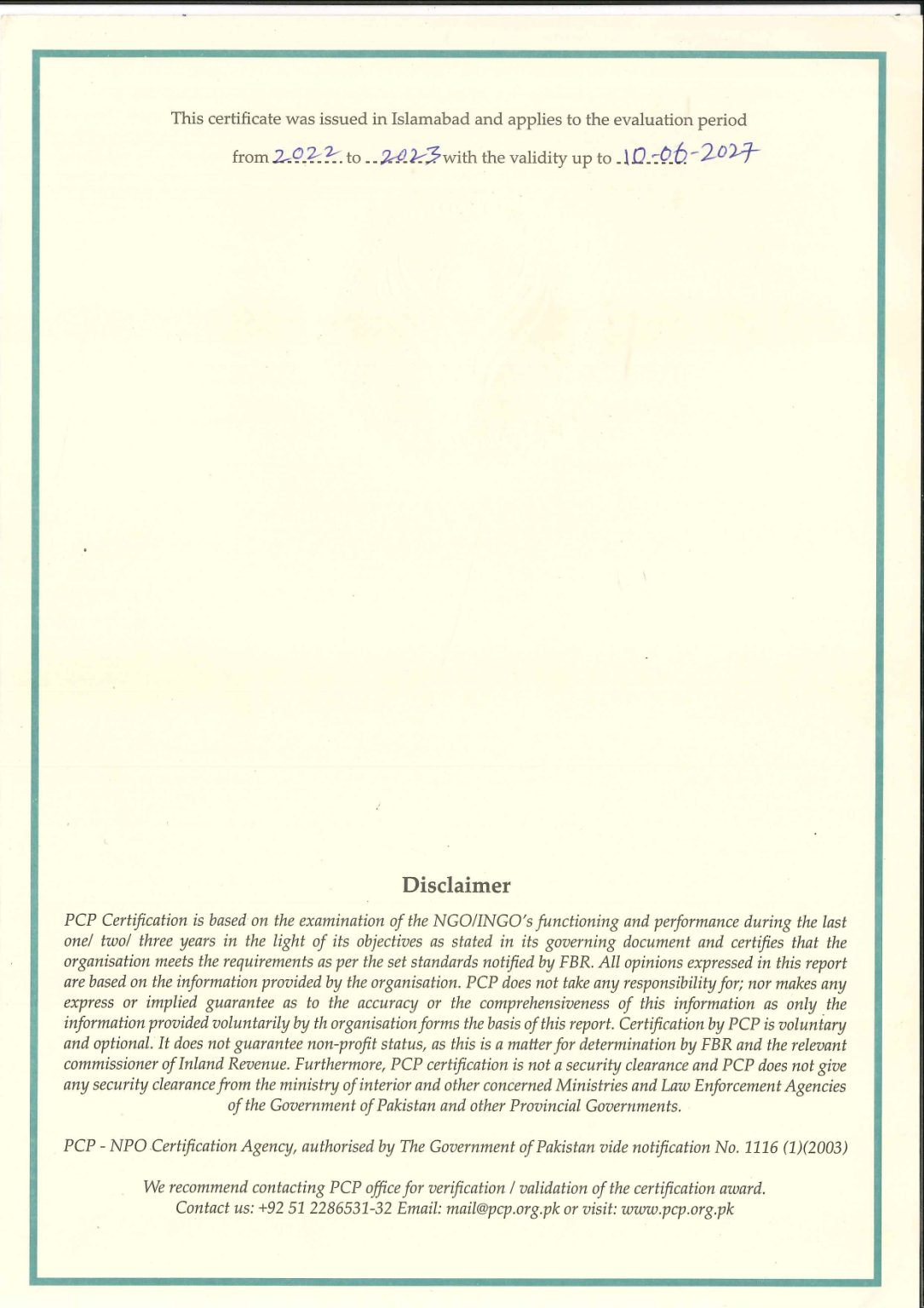 PCP Certificate – UIT University